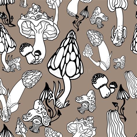 Mushrooms With Hand Drawn Different Texture Seamless Vector Pattern
