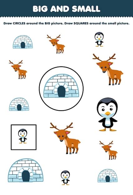 아이들을 위한 교육 게임은 귀여운 만화 이글루 사슴과 펭귄 인쇄용 겨울 워크시트의 원과 사각형을 그려서 크거나 작은 크기로