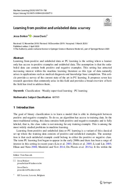 Pdf Learning From Positive And Unlabeled Data A Survey