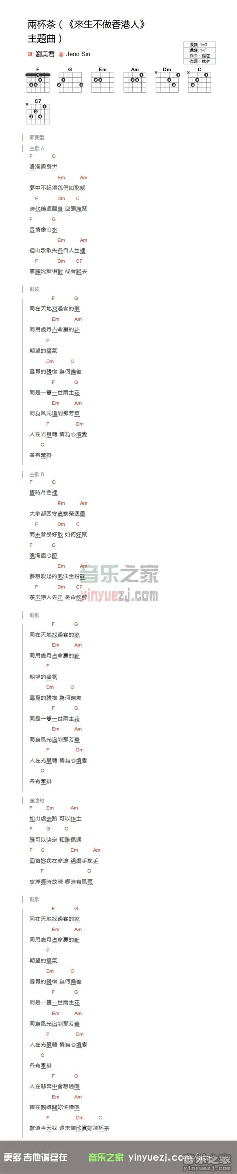 两杯茶吉他和弦弹唱谱F调版 刘美君 jitaq 吉他库