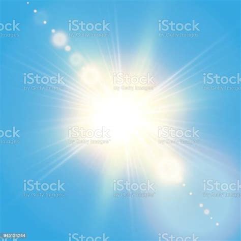 렌즈와 현실적인 빛나는 태양 플레어 푸른 하늘 구름 배경입니다 벡터 일러스트 레이 션 광선에 대한 스톡 벡터 아트 및 기타 이미지 광선 구름 그라데이션 Istock