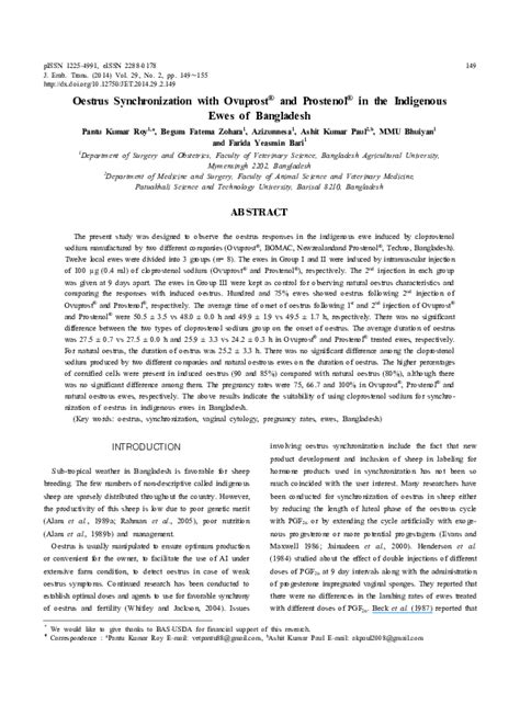 Pdf Oestrus Synchronization With Ovuprost ® And Prostenol ® In The Indigenous Ewes Of Bangladesh