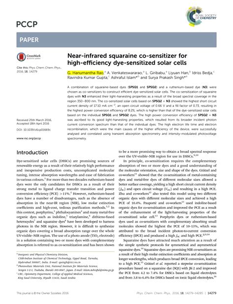 Pdf Near Infrared Squaraine Co Sensitizer For High Efficiency Dye Sensitized Solar Cells