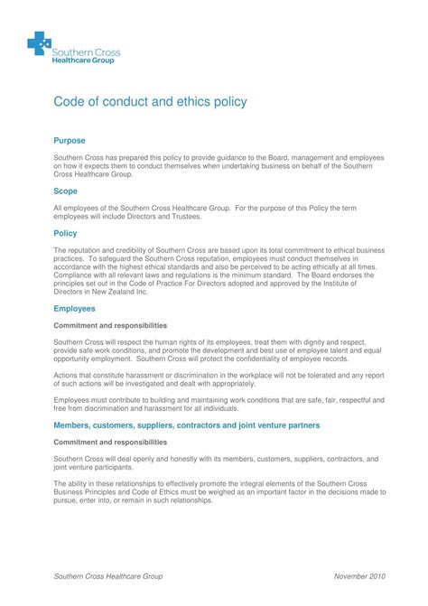 Code Of Conduct And Ethics Policy Southern Cross Healthcare