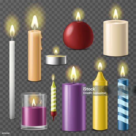 현실적인 3d 설정된 왁 스 촛불 양 초 화재 불꽃 빛 고립 된 밀랍 테이퍼 투명 배경 벡터 일러스트 레이 션에 3차원 형태에 대한 스톡 벡터 아트 및 기타 이미지 Istock