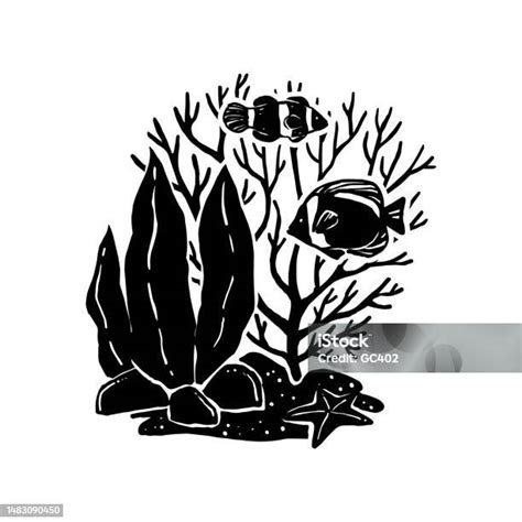 물고기 불가사리 해초 산호의 흑백 실루엣 자연은 디자인을 위해 손으로 그린 요소입니다 수족관 수족관 수중 식물과 물고기 검은색에 대한 스톡 벡터 아트 및 기타 이미지