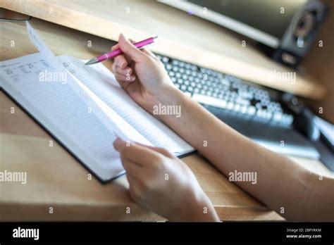 Female Hands Using Computer Female Office Desk Workspace Homeoffice Mock Up With Computer