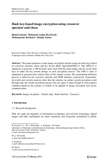 Pdf Hash Key Based Image Encryption Using Crossover Operator And Chaos