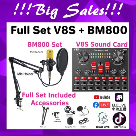 Ready Stock Full Set V8S Sound Card BM800 Condenser Microphone Set Live Stream Live Broadcast