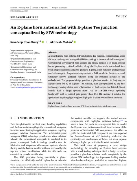 Pdf An E‐plane Horn Antenna Fed With E‐plane Tee Junction Conceptualized By Siw Technology