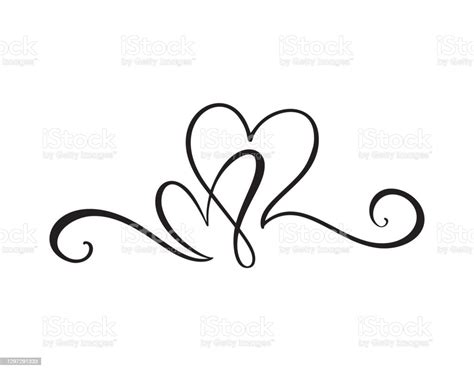 블랙 번창 빈티지 벡터 디바이더 발렌타인 데이 손으로 그린 서예 두 하트 서예 휴일 일러스트레이션 디자인 요소 발렌타인 웹 결혼식을위한 아이콘 사랑 장식 소용돌이 모양에