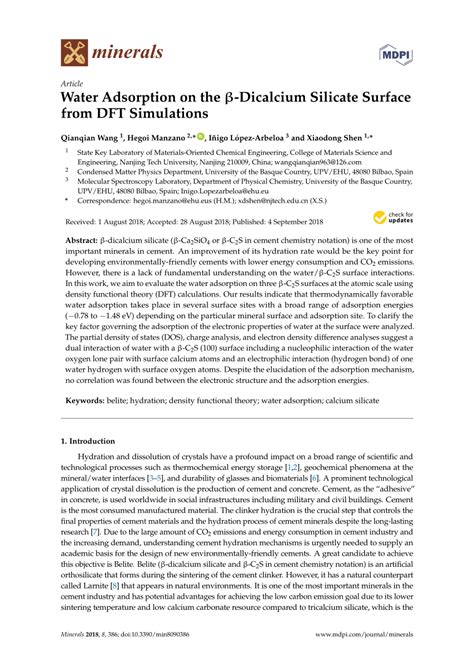 Pdf Water Adsorption On The β Dicalcium Silicate Surface From Dft