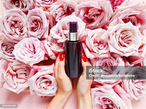다크 브라운 스프레이 병 분홍색 테이블에 빨간 손톱과 장미와 백인 여성의 손의 모형 상단 보기 복사 공간 밸런타인데이에 대한 스톡 사진 및 기타 이미지 Istock