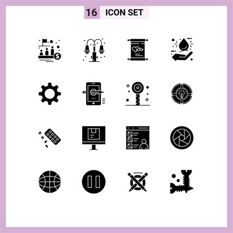 Group Of 16 Solid Glyphs Signs And Symbols For Cog Eco Lump Drop Day Editable Vector Design