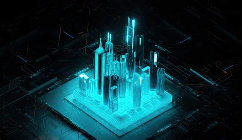 3d 일러스트 사이버 펑크 Ai 마천루 회로 기판 기술 배경 중앙 컴퓨터 프로세서 Cpu 및 Gpu 개념 3차원 형태에 대한