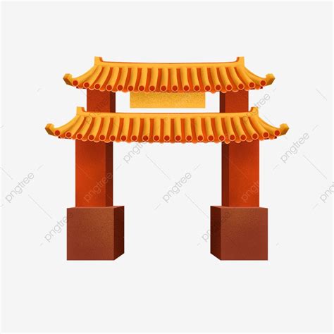 รูปประตูกำแพงเมืองจีนแดงวาดด้วยมือการ์ตูน ประตู เสา ลำแสงสีเหลือง Png ย้อนยุค ประตูโบราณ ลำ