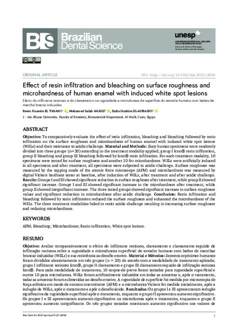 Pdf Effect Of Resin Infiltration And Bleaching On Surface Roughness And Microhardness Of Human