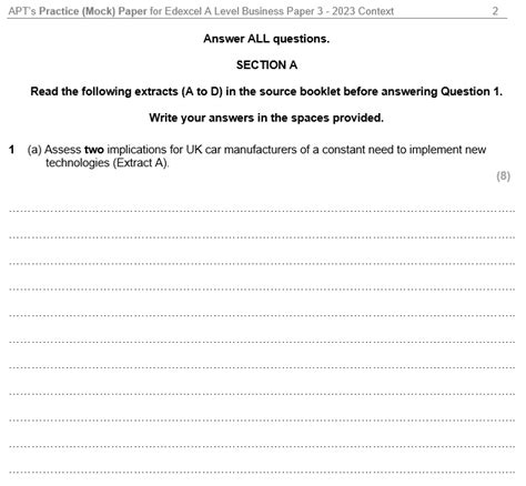 Edexcel A Level Business Practice Mock Exam Paper On The Uk Car Market 2023 Paper 3 Context