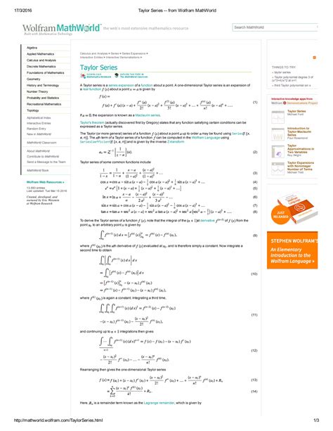 Taylor Series From Wolfram Math World Pdf