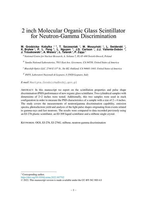 Pdf 2 Inch Molecular Organic Glass Scintillator For Neutron Gamma Discrimination
