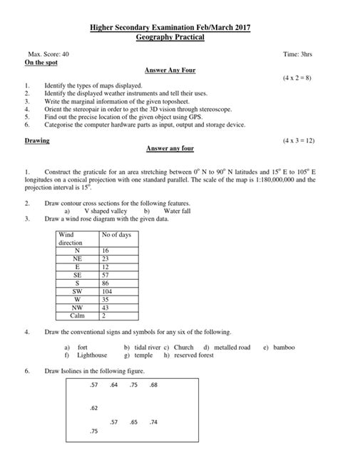 Keral 2 Geography Practical Exam Question Paper March 2017 3 Pdf Contour Line Map