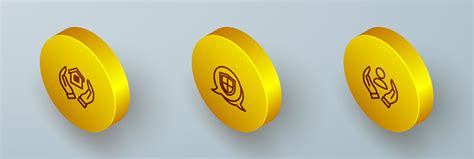 아이소메트릭 라인 하우스를 손에 들고 방패와 생명 보험 아이콘을 설정합니다 벡터 3차원 형태에 대한 스톡 벡터 아트 및 기타 이미지 3차원 형태 가리키기 가족