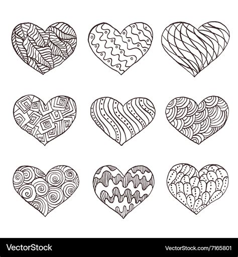 Set Of Hand Drawn Hearts Ornate Ink Drawing Vector Image