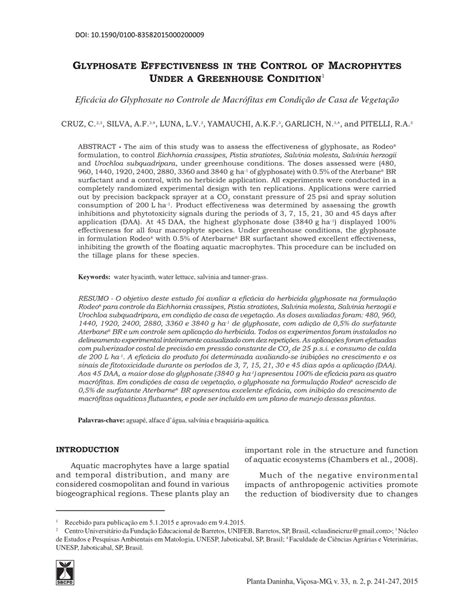 Pdf Glyphosate Effectiveness In The Control Of Macrophytes Under A Greenhouse Condition