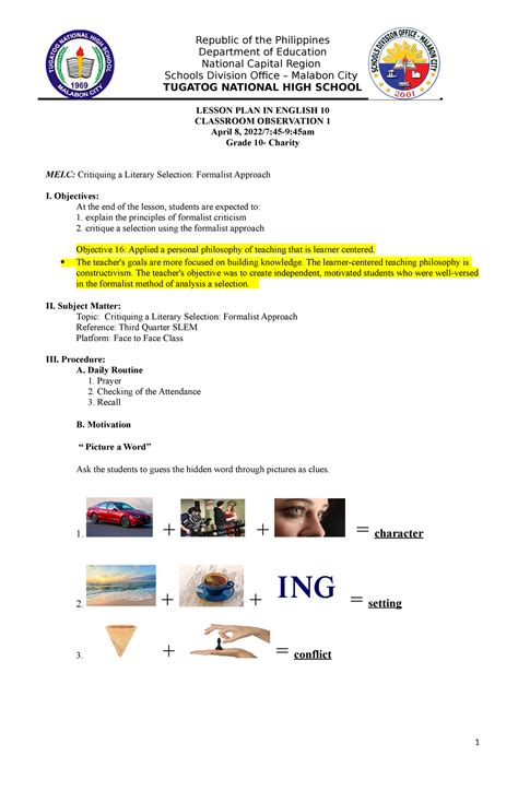 Formalist Approach Lesson Plan Department Of Education National
