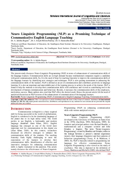 Pdf Neuro Linguistic Programming Nlp As A Promising Technique Of Communicative English