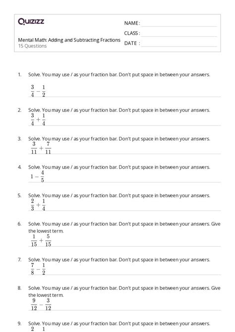 50 Adding And Subtracting Fractions Worksheets For 8th Class On Quizizz Free And Printable