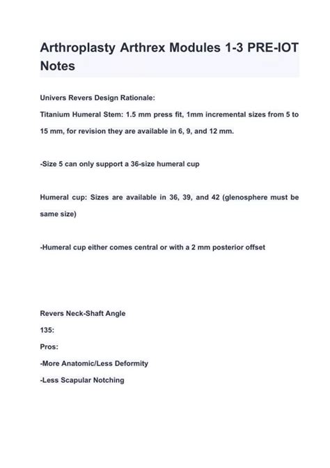 Arthroplasty Arthrex Modules 1 3 Pre Iot Notes Questions And Answers 2024 A Graded 100