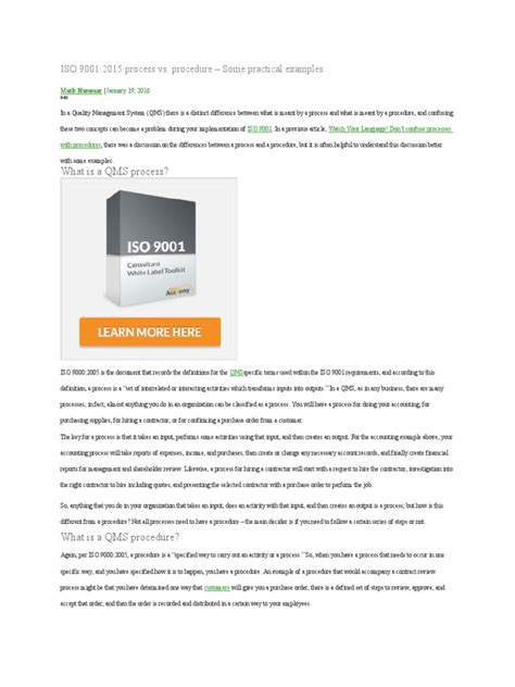 Iso 9001 2015 Process Vs Procedure Some Practical Examples Pdf Quality Management System