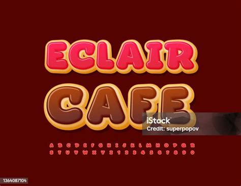 벡터 맛있는 로고 에클레어 카페 핑크 아이싱 알파벳 문자 및 숫자 세트 그래픽 프린트에 대한 스톡 벡터 아트 및 기타 이미지