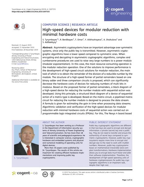 Pdf High Speed Devices For Modular Reduction With Minimal Hardware Costs