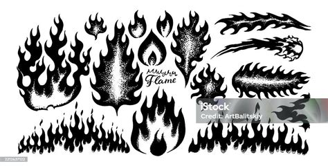 빈티지 스타일의 실루엣 불꽃과 불의 세트 손으로 그린 모닥불 스케치 벡터 클립 아트 그림 선과 잉크 스케치 빈티지 스타일 요소 디자인을 위한 흰색 배경에 그림 가연성에 대한