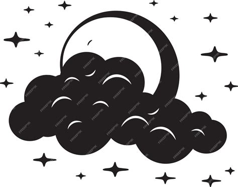 A Black And White Drawing Of A Cloud With A Moon And Stars Premium Ai