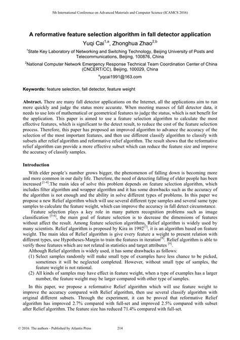 Pdf A Reformative Feature Selection Algorithm In Fall Detector Application