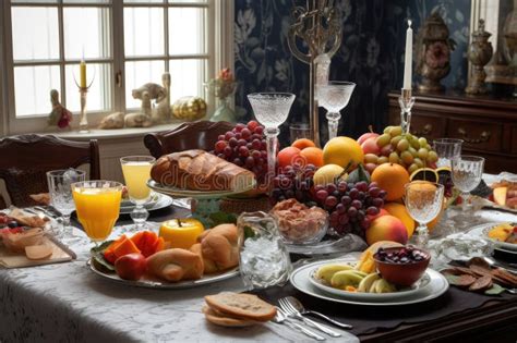 Table Setting With Various Types Of Food And Drink Including Pastries