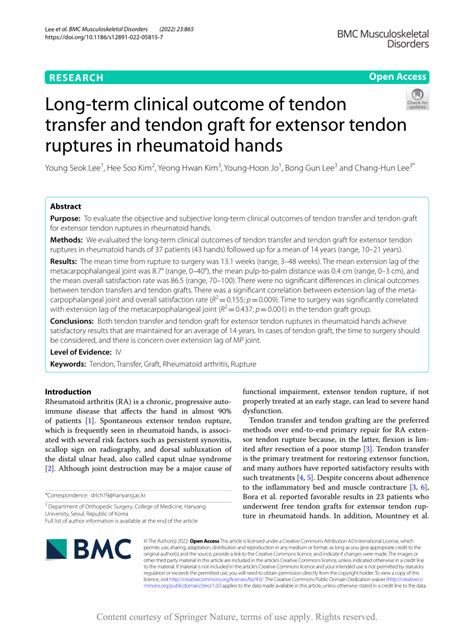 Pdf Long Term Clinical Outcome Of Tendon Transfer And Tendon Graft For Extensor Tendon