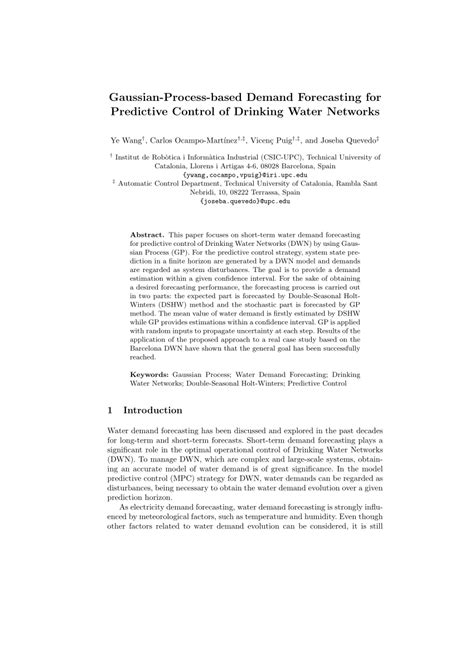 Pdf Gaussian Process Based Demand Forecasting For Predictive Control Of Drinking Water Networks
