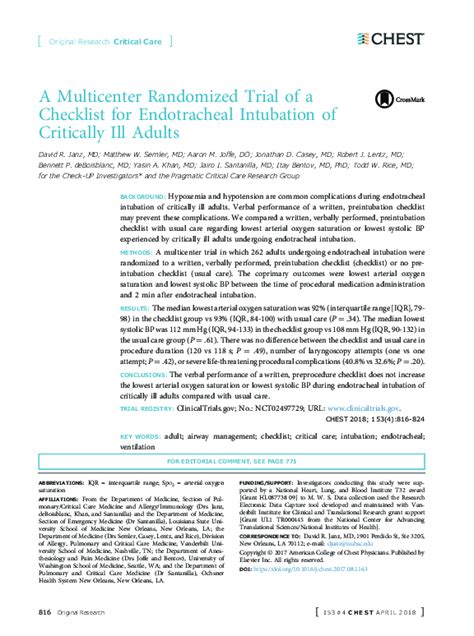 Pdf A Multicenter Randomized Trial Of A Checklist For Endotracheal Intubation Of Critically