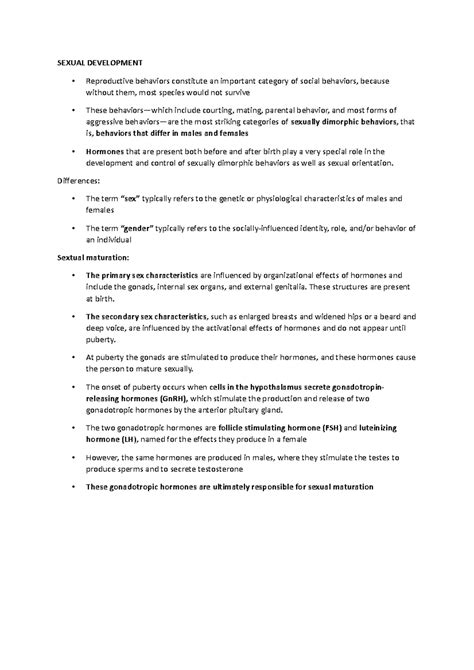 Sexual Development Summary SEXUAL DEVELOPMENT Reproductive Behaviors Constitute An Important