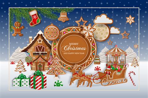 진저브레드 쿠키와 사탕이 있는 크리스마스 배경 진저 브레드 풍경과 크리스마스 카드 진저브레드 비스킷에 대한 스톡 벡터 아트 및 기타 이미지 진저브레드 비스킷 진저브레드