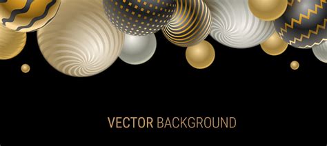 검은 색과 황금색 3d 장식 공이있는 벡터 템플릿 검은 배경에 패턴이있는 빛나는 질감의 거품이있는 추상적 인 그림 구체 모양의 3d 추상적 인 스타일 디자인 0명에 대한