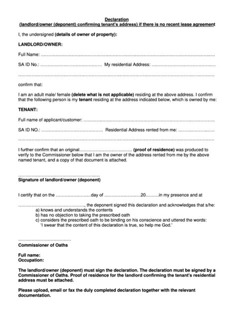 Declaration Landlord Owner Deponent Confirming Tenants Address If There Is No Recent Lease