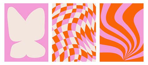 다채로운 추상적 인 배경 세트 물결 모양의 줄무늬와 체크 무늬가있는 패턴 나비 인쇄 레트로 스타일 포스터 초대장 레이블 표지 엽서에 대한 현대 벡터 일러스트 레이 션 여름에