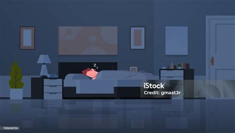 퀼트 피로 덮여 사람이 침대에서 자 고 밤 어두운 침실 현대 아파트 인테리어 남성 만화 캐릭터 평면 가로 전체 길이에 잠을 사람 가구에 대한 스톡 벡터 아트 및 기타 이미지