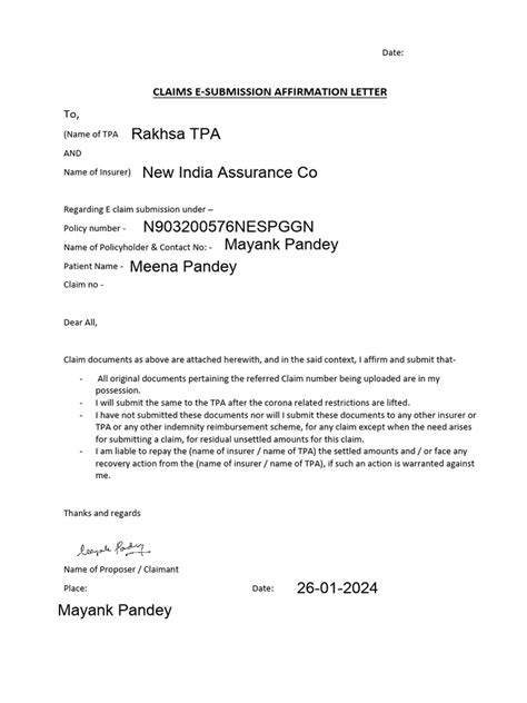 Claims E Submission Affirmation Letter Filled Pdf
