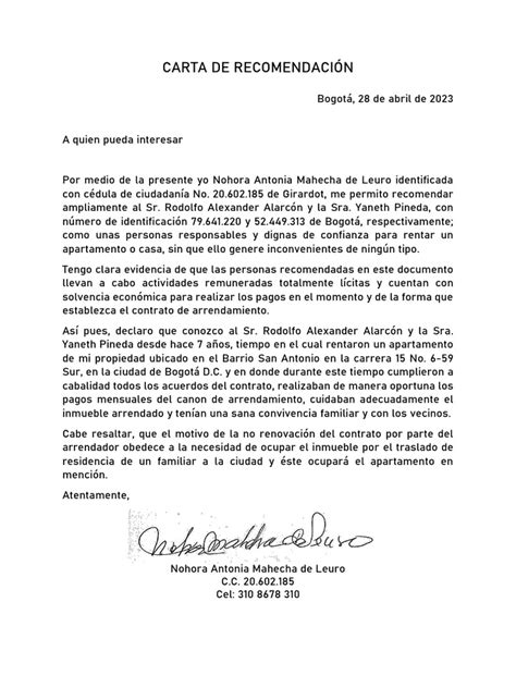 Carta De Recomendacion Para Arrendatario Pdf